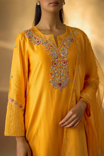 NAVA- Mango Yellow Hand woven Chanderi silk Suit set with zardozi embr ...